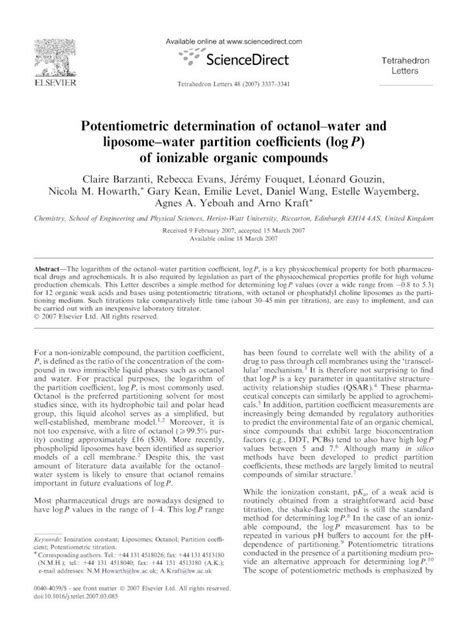 Pdf Potentiometric Determination Of Octanol Water And Liposome Water Partition Coefficients
