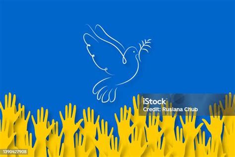 평화를 위해 싸우는 사람들의 노란 손으로 파란색 수평 포스터에 종이 컷 스타일의 비둘기 흰색 평화 기호 2022년에 대한 스톡 벡터 아트 및 기타 이미지 Istock
