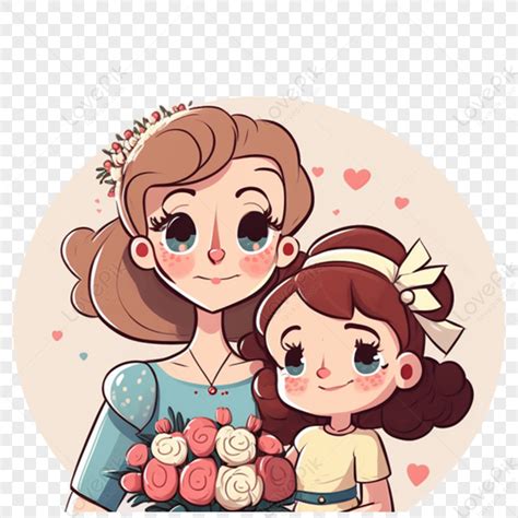 어머니의 날 어머니와 딸 만화엄마신선한 꽃귀엽다