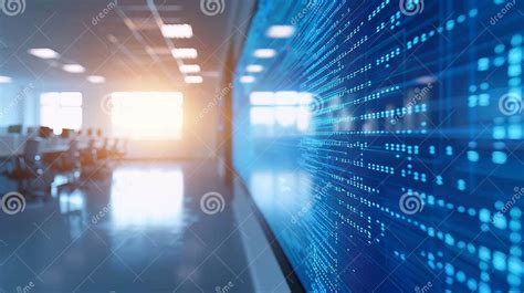 Modern Office Interior with Large Digital Display Wall Showing Binary Code Data Visualization ...