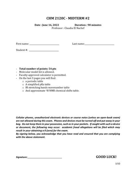 CHM C Midterm CHM C MIDTERM Date June Duration Minutes Professor