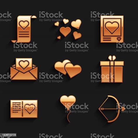 하트 리본과 화살표 선물 상자 발렌타인 데이 전단지 봉투 사진 프레임 하트와 아이콘의 형태로 마음 풍선을 설정합니다 벡터 개념에 대한 스톡 벡터 아트 및 기타 이미지