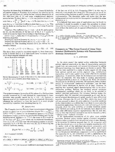 Comments On The Output Control Of Linear Time Invariant Multivariable Systems With Unmeasurable