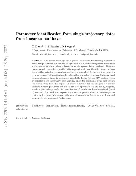 Pdf Parameter Identification From Single Trajectory Data From Linear To Nonlinear