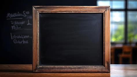 Rustic Framed Blackboard On Wooden Table Dark Classroom Background