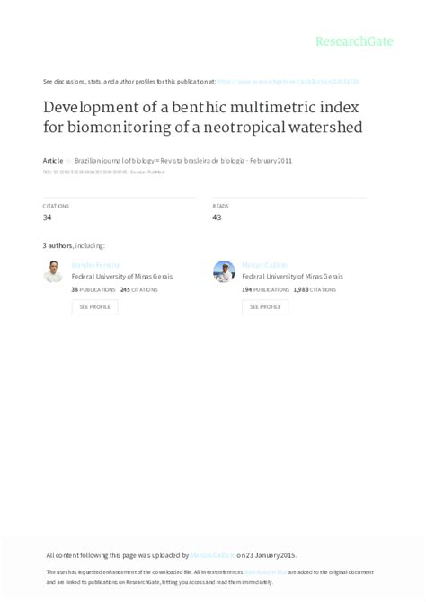 Pdf Development Of A Benthic Multimetric Index For Biomonitoring Of A Neotropical Watershed
