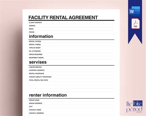 Editable Facility Rental Agreement Form Etsy