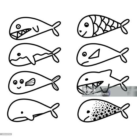 물고기와 고래의 세트 다른 분위기 귀여운 좋은 악 흑백 손 그린 낙서 벡터 0명에 대한 스톡 벡터 아트 및 기타 이미지 0명 개체 그룹 검은색 Istock