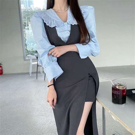 블랑제이샵 2col 프릴 블라우스옆트임 뷔스티에 원피스 투피스 셋업 코디세트