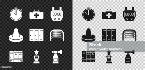 스톱워치 응급 처치 키트 사물함 또는 탈의실 어워드 컵 에어 혼 말렛 에어 하키 및 아이콘을 설정합니다 벡터 가정의 방에 대한
