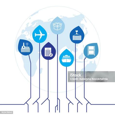 글로벌 물류 네트워크입니다 글로벌 물류 파트너십 연결을 매핑하십시오 화이트와 비슷한 세계 지도 및 물류 아이콘입니다 평면 디자인입니다 벡터 그림 Eps10입니다 개념에 대한
