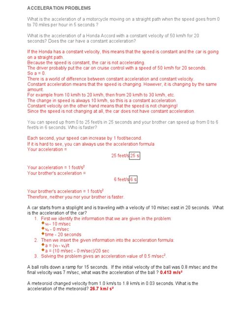 Problem Set For Acceleration Pdf Speed Acceleration