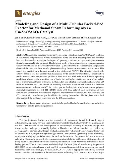 Pdf Modeling And Design Of A Multi Tubular Packed Bed Reactor For Methanol Steam Reforming