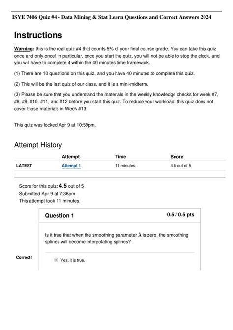 Isye 7406 Quiz 4 Data Mining And Stat Learn Questions And Correct