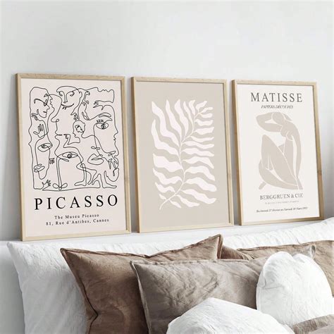 Set Of 3 Bohemian Neutral Beige Line Art Prints Including Picasso Style Canvas Minimalist