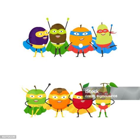 만화 야채 슈퍼 히어로 캐릭터 행 아이콘 세트입니다 벡터 초영웅에 대한 스톡 벡터 아트 및 기타 이미지 초영웅 과일 선