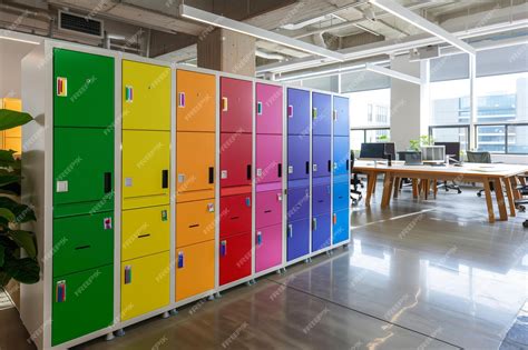 Row of rainbowcolored lockers in a welllit open office space | Premium AI-generated image