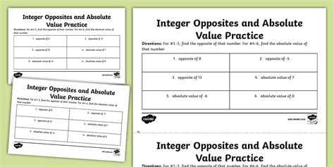 seventh grade integer opposites and absolute value practice
