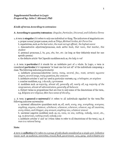 Kinds Of Terms According To Extension And Meaning Pdf Grammatical Number Adjective