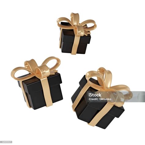 3d 블랙 프라이데이 세 개의 선물 상자 아이콘은 흰색 바탕에 황금 리본 활을 가지고 있습니다 렌더 샵 세일 현대 휴일 현재