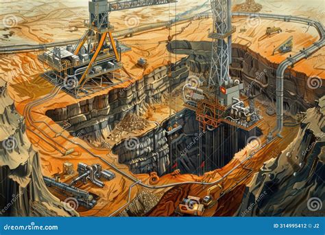 Illustration Of An Industrial Oil Extraction Site With Rigs And
