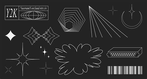 슈퍼 트렌디 한 기하학적 Y2k 잔인한 스타일의 선형 모양 별 변형 거품 화살표 및 기타 트렌디 한 모양을 포함한 세트 밀레니엄에 대한 스톡 벡터 아트 및 기타 이미지