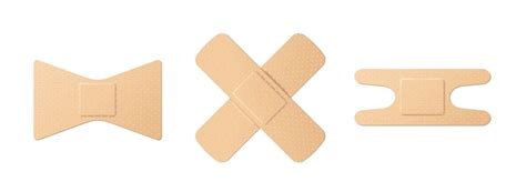 응급 처치 밴드 석고 스트립과 의료 패치 세트 다른 석고 유형의 십자가 및 기타 모양 3d 현실적인 벡터 일러스트 레이 션 프리미엄 벡터