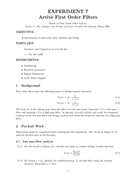 experiment 7 active first order filters 1 background pdf low pass