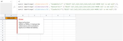Google Sheets comment réparer lerreur dans la fonction ARRAY LITERAL il manque des valeurs