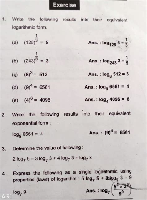 Questions Write The Following Results Into Their Equivalent Logarithmic F