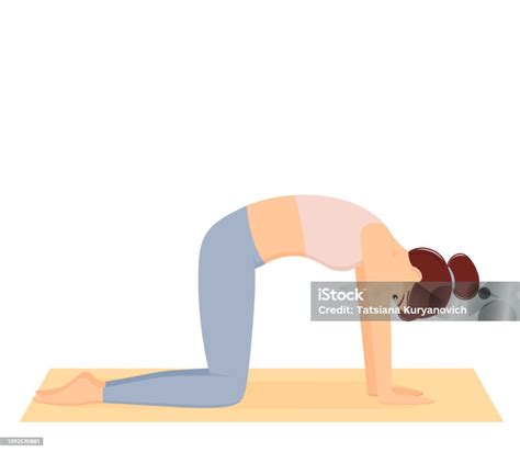 암소 포즈를 취하고 서있는 여자 매트에서 근육을 스트레칭하고 필라테스와 요가 운동을하는 소녀 건강한 생활 방식 운동 벡터 일러스트 레이 션 일러스트레이션에 대한 스톡 벡터