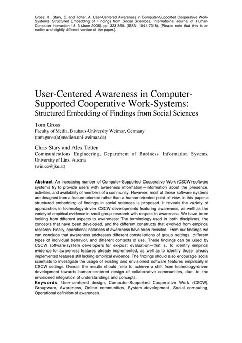 Pdf User Centered Awareness In Computer Supported Cooperative Work Systems Structured