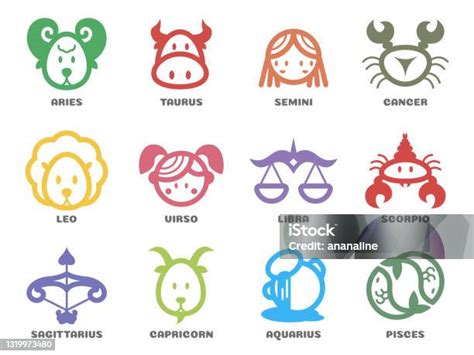 귀여운 조디악 별자리 라인 테두리 기호 아이콘 에 원 벡터 일러스트 레이션 세트 디자인 0명에 대한 스톡 벡터 아트 및 기타