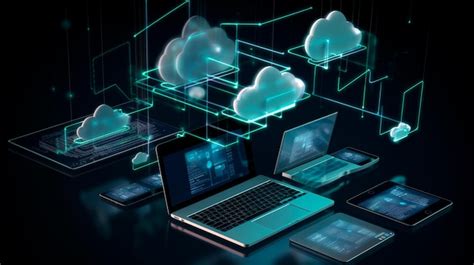 클라우드 기술 컴퓨팅 인터넷을 통해 데이터 센터의 디지털 스토리지에 연결된 장치 Iot 스마트 홈 통신 랩톱 Generative