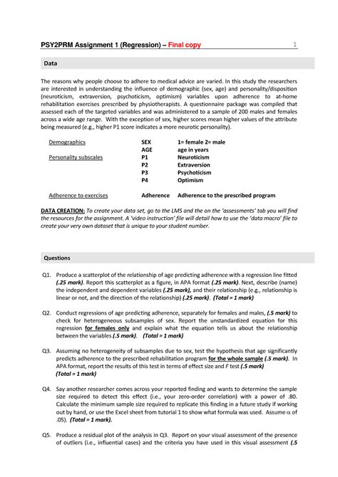 2023 Summer Psy2prm Assignment 1 Regression Version 4 Psy2prm