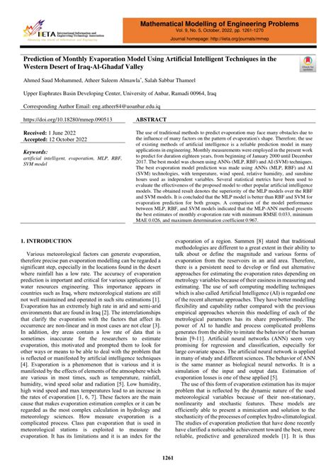 Pdf Prediction Of Monthly Evaporation Model Using Artificial Intelligent Techniques In The