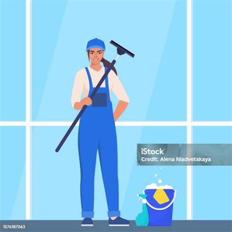 파란색과 노란색 유니폼 청소 창을 입은 여자는 유리 스크레이퍼와 세척 스프레이를 가지고 있다 하우스키핑 서비스 사무실 청소 서비스 봄맞이 청소 의무 벡터 그림입니다 가사