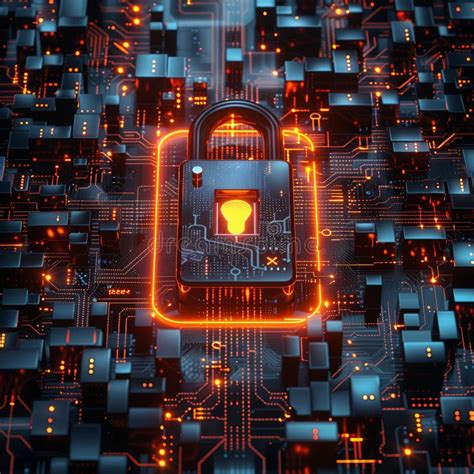 cybersecurity concept with glowing padlock on circuit board stock