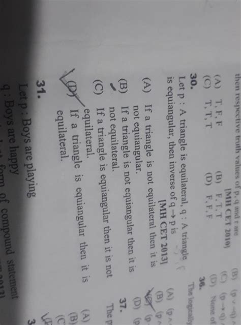 let p a triangle is equilateral q a triangle is equiangular then inv