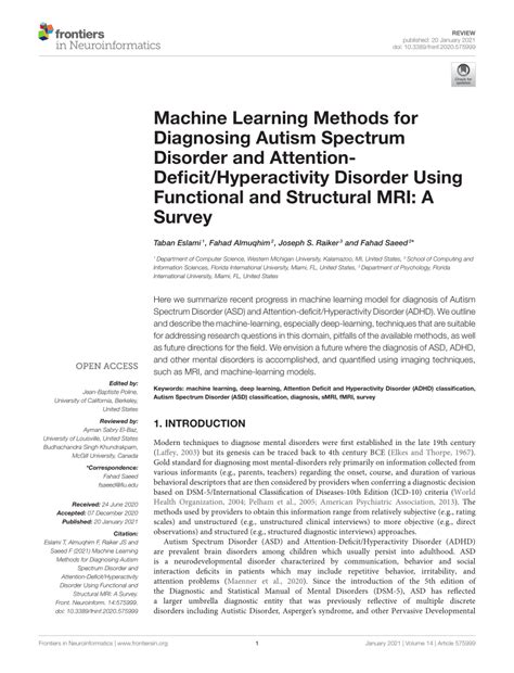 Pdf Machine Learning Methods For Diagnosing Autism Spectrum Disorder And Attention Deficit