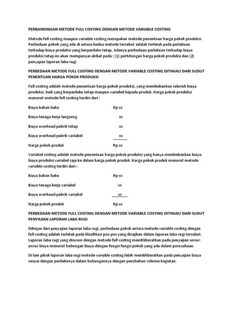 Perbandingan Metode Full Costing Dengan Metode Variable Costing Pdf