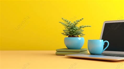 생생한 노란색 책상 배경에 노트북 작은 식물과 파란색 컵의 현실적인 3d 렌더링 3d 식물 배경 노란 배경 실적 배경