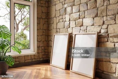 두 개의 빈 캔버스 포스터가 벽에 기대어 있습니다 큰 창문을 통해 빛나는 밝은 일광 가정 장식 디자인 3d 그림 0명에 대한 스톡 사진 및 기타 이미지 Istock