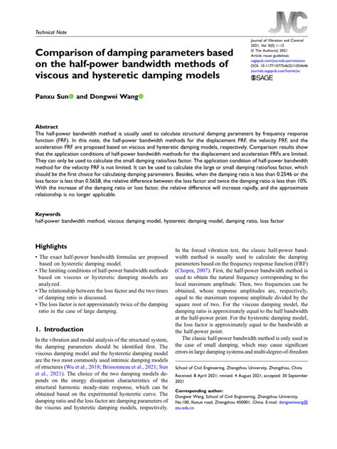Pdf Comparison Of Damping Parameters Based On The Half Power Bandwidth Methods Of Viscous And
