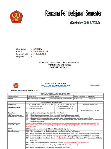 Rps Statika S1 Teknik Sipil Kurikulum 2021 Pdf