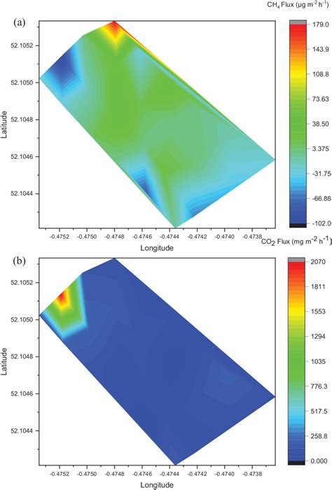 contour plots showing spatial variation in ch 4 and co 2 fluxes from