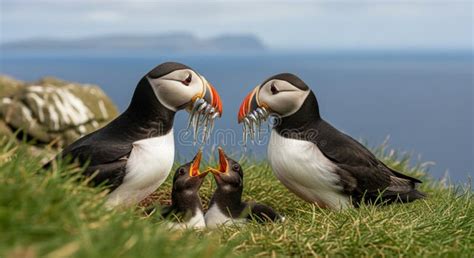 Atlantic Puffins Feeding Their Hungry Chicks On A Grassy Cliffside