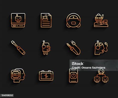 라인 휴머노이드 로봇 배터리 로봇 전화에서 끄기 인공 지능 충전 배터리 및 납땜 인두 아이콘을 설정합니다 벡터 가공의 인물에 대한 스톡 벡터 아트 및 기타 이미지 Istock