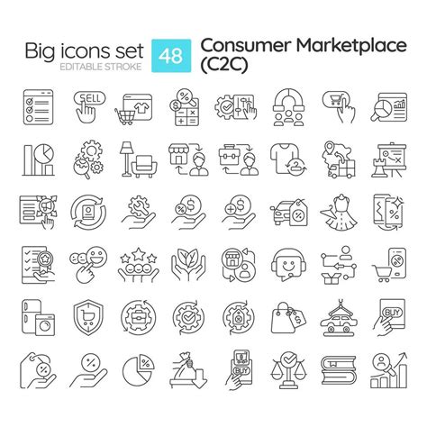 2d Editable Black Big Thin Line Icons Set Representing C2c Isolated Vector Linear Illustration