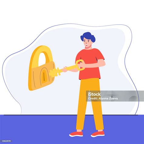 남자는 자신의 손에 열쇠를 들고 서서 펜던트 잠금 답을 찾는 개념의 열쇠를 집어 들기 가능성에 대한 스톡 벡터 아트 및 기타